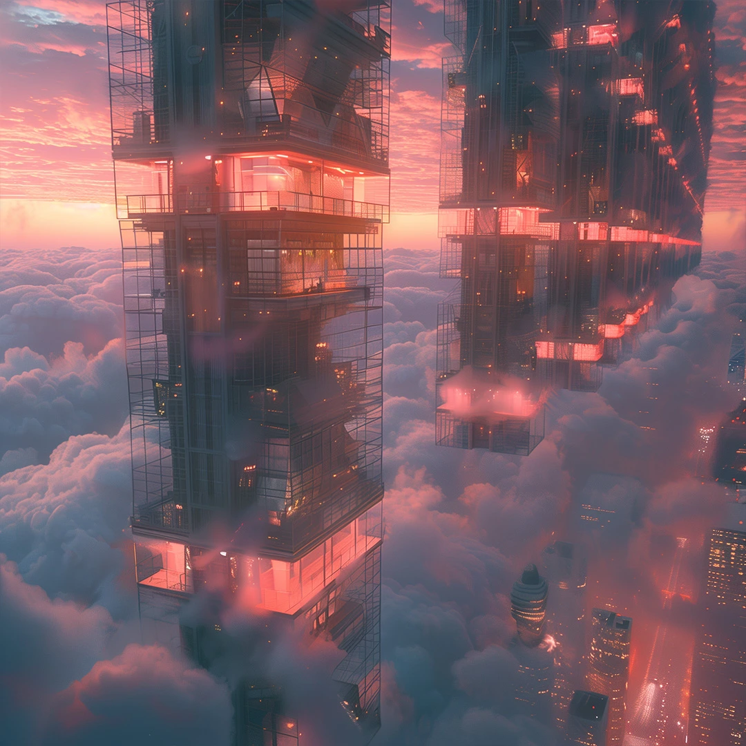 Towers floating on a platform of clouds • AI LIFTS